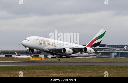 Emirates A380 Take off Manchester Stock Photo - Alamy