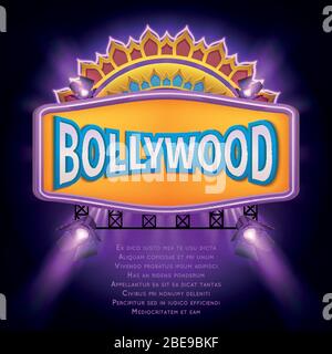 Vintage bollywood movie signboard. Glowing retro indian cinema neon ...