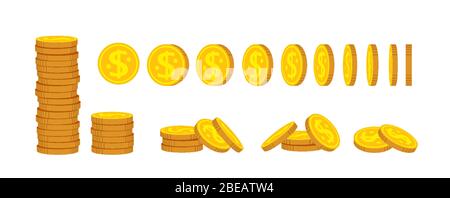 Gold coins turn around animation set. Game, casino icons of money ...