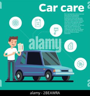 Cars tips vector illustration. Young man with checklist and blue car ...