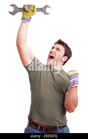 Cheering construction worker Stock Photo - Alamy