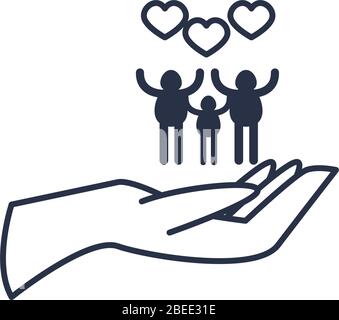 charity donations concept, pictogram family with arms up icon over ...