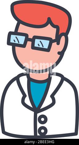 cartoon chemist man icon over white background, line style, vector ...