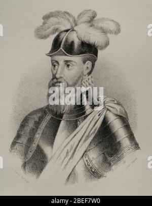 Spanish explorer Francisco Pizarro portrait. Hand-colored woodcut Stock ...
