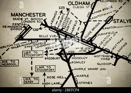 Vintage rail network map covering Lincoln and Cleethorpes to Manchester ...