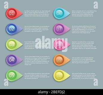 Text with number bullets. Ten pointing paragraph layout with number buttons. Vector infographics ...