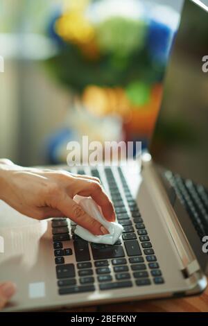Hand with cloth, keyboard on laptop and cleaning dust or dirt from ...