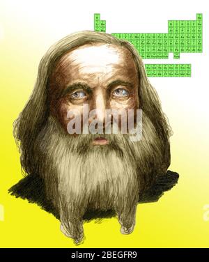 A portrait of Dmitry Ivanovich Mendeleev, the Russian chemist known for ...
