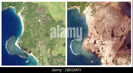 A satellite image of Sumatra, Indonesia, before and after the devasting ...