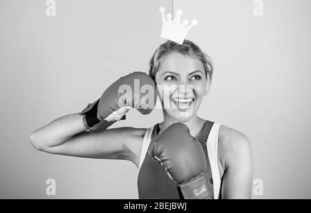 Celebrate success. Queen of boxing ring. Sportswoman with princess ...