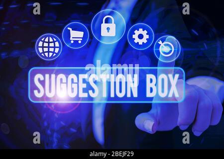 Text sign showing Suggestion Box. Business photo showcasing container ...