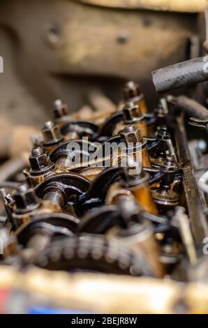 Car engine without cylinder head. Repair of the internal combustion ...
