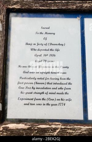 The grave of Benjamin Jesty in Worth Matravers in Dorset; a farmer who ...