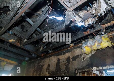 Burned house interior after fire building room inside burnt black ...