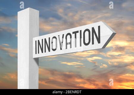 Innovation - white wooden signpost with one arrow Stock Photo - Alamy