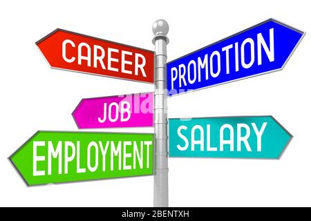 Job, career, promotion, salary, employment - outline signpost with five ...