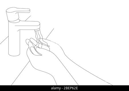 Hand washing under the water tap black and white illustrations. Palms ...