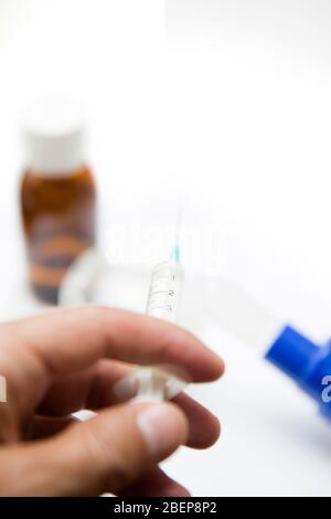 Old nebulizer compressor inhaler with respiratory mask. Drug spray ...