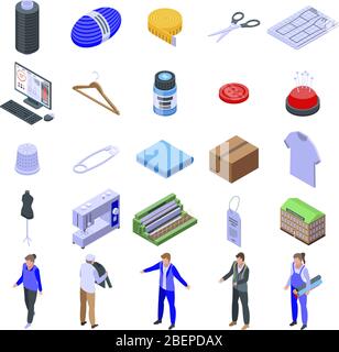 Textile mill and spinning industry isometric icons set isolated vector ...
