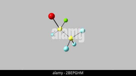 Halothane general anesthetic drug molecule. Atoms are represented as ...