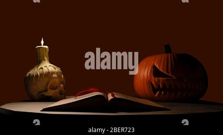 Vintage old Halloween book with skull candle at night - 3d rendering ...