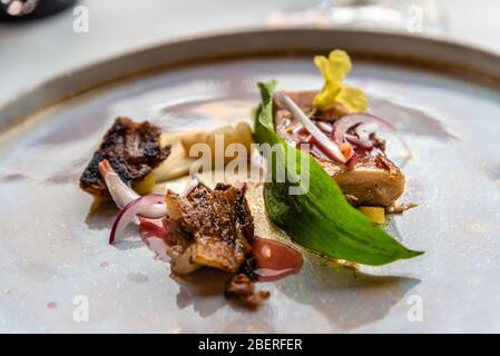 Delicious meal of Spanish fusion cuisine, beautiful decorated dish on a ...