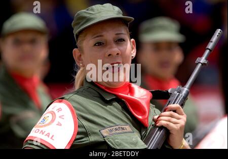 Venezuelan reserve troop female soldiers march during a military parade ...