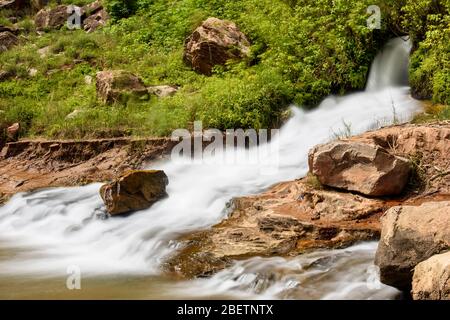 Vasey's Paradise waterfall pouring out of sandstone walls near the Colorado River, Grand Canyon ...