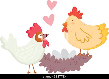 Hen and chick. Cartoon laying hen in nest, egg icon and hatched chick ...