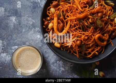 Homemade Spicy Kerala Mixture / Snack Mix with chickpea flour, top view ...