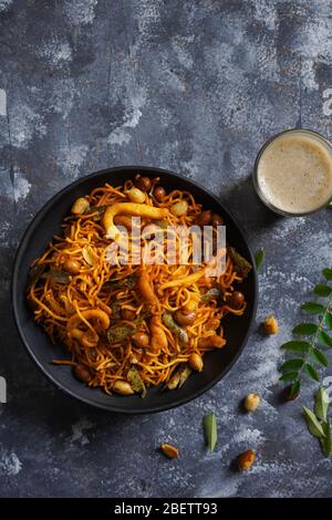 Homemade Spicy Kerala Mixture / Snack Mix with chickpea flour, top view ...