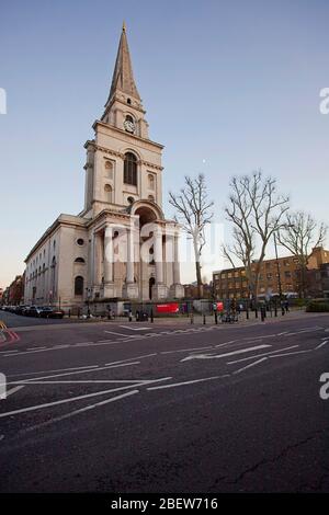 Christ Church Spitalfields tower and portico with flowers in foreground ...