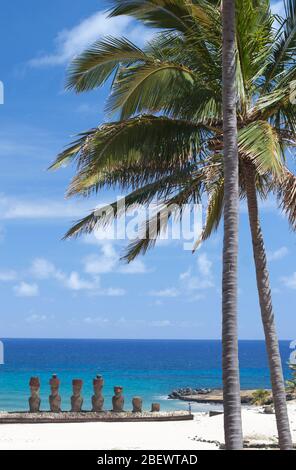 Ahu Nao-Nao stone platform with 7 moai, some wearing their original ...