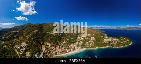 Aerial of Kalami resort in Greece. Small town on a shore of ...