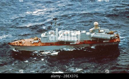 Aerial port beam view of a Soviet Grisha class frigate underway ...