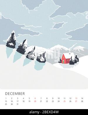 Monthly calendar template with beautiful seasonal scenery illustration ...