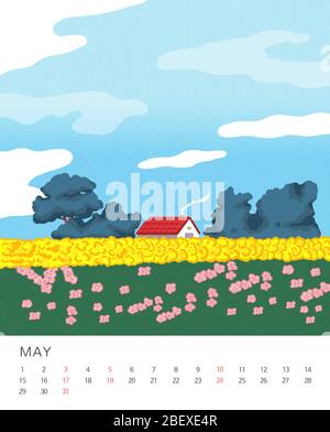 Monthly calendar template with beautiful seasonal scenery illustration ...