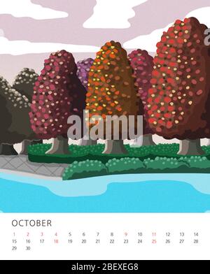 Monthly calendar template with beautiful seasonal scenery illustration ...