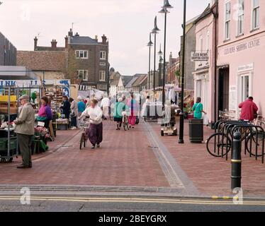 1992, Ely town Centre, and market place, east England, UK with people ...