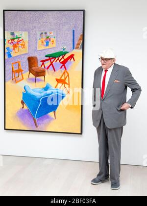 Artist, printmaker, designer and photographer, David Hockney in an art gallery in Mayfair. He is ...