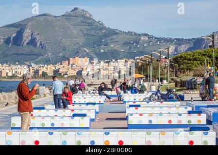 Ceramic beds in Foro Italico seafront park in Palermo city of Southern ...