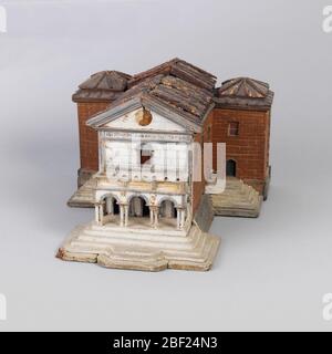 A portico with columns and a triangular pediment on the Greek-style facade of a temple Stock ...