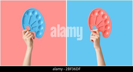 Female hands, color palettes, paint roller and laptop on light ...