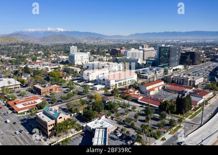 Aerial views above downtown Riverside, California on a clear day view ...