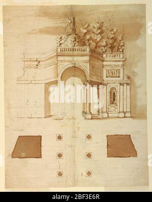A design for a triumphal arch with three arches, documented in the MET ...