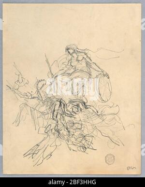 Sketch of Fortuna. Fortuna with wheel and staff above a figure to her ...