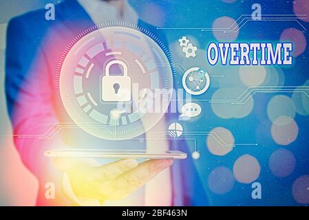 Text sign showing Overtime. Business photo showcasing Time or hours ...