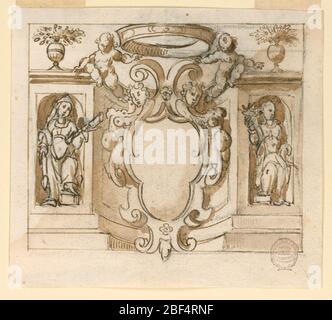 Putti on either side of a family crest. Two putti on a cloud hold a ...
