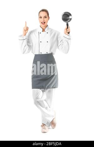 Beautiful female chef with raised index finger on white background ...