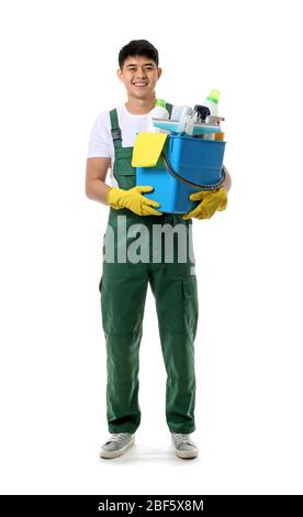 Asian janitor with cleaning supplies on white background Stock Photo ...